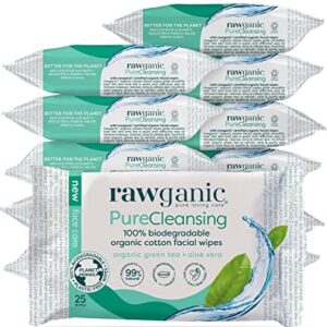 RAWGANIC Refreshing Facial Wipes | Gentle Soothing, Alcohol-free, Fragrance-free, Biodegradable Organic Cotton Wipes | with Aloe Vera and Green Tea | 12 Packs of 25 (300 wipes)