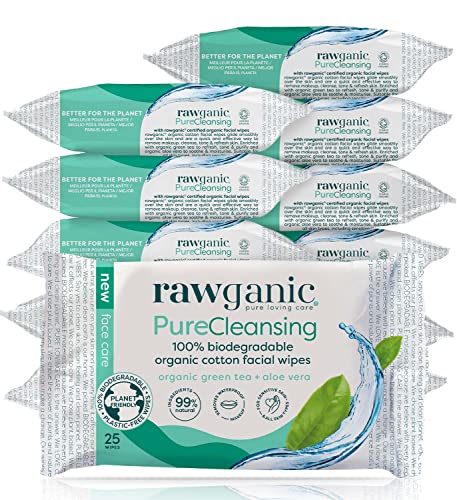 RAWGANIC Refreshing Facial Wipes | Gentle Soothing, Alcohol-free, Fragrance-free, Biodegradable Organic Cotton Wipes | with Aloe Vera and Green Tea | 12 Packs of 25 (300 wipes)