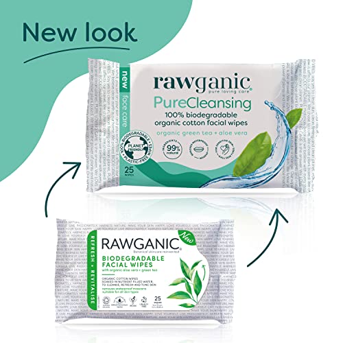 RAWGANIC Refreshing Facial Wipes | Gentle Soothing, Alcohol-free, Fragrance-free, Biodegradable Organic Cotton Wipes | with Aloe Vera and Green Tea | 12 Packs of 25 (300 wipes)