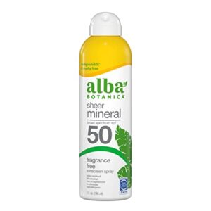 alba botanica sunscreen for face and body, fragrance-free sheer mineral sunscreen spray, broad spectrum spf 50, water resistant and biodegradable, 5 fl. oz. bottle