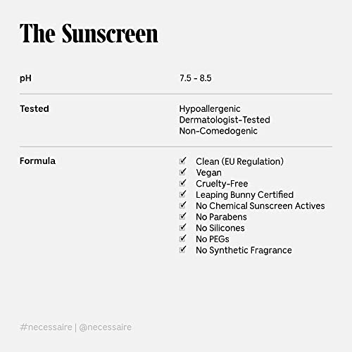 Nécessaire The Mineral Sunscreen SPF 30 PA+++. For The Body. Broad Spectrum. Zinc Oxide, Hyaluronic Acid, Niacinamide. Hydrate. Protect Against Sun Damage + Premature Aging. Dermatologist-Tested. 150 ml / 5.1 fl oz