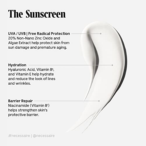 Nécessaire The Mineral Sunscreen SPF 30 PA+++. For The Body. Broad Spectrum. Zinc Oxide, Hyaluronic Acid, Niacinamide. Hydrate. Protect Against Sun Damage + Premature Aging. Dermatologist-Tested. 150 ml / 5.1 fl oz