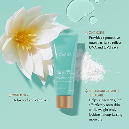 Biossance Squalane + Zinc Sheer Mineral Sunscreen. Broad-Spectrum SPF 30 PA+++ Zinc Oxide Sunscreen That Protects and Hydrates Sensitive Skin. Lightweight, Non-Greasy and Reef-Safe (1.7 ounces)