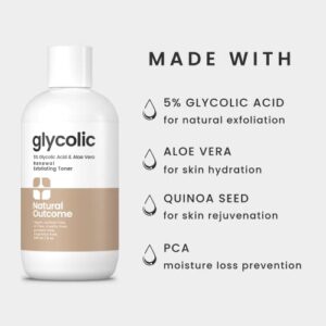 Natural Outcome Glycolic Acid Toner 5% for Face | Gentle Exfoliating Toner - with Aloe Vera & Quinoa Extract | Advance Anti-Aging Toning Solution Rejuvenates Skin & Minimizes Pore Appearance | 8 oz