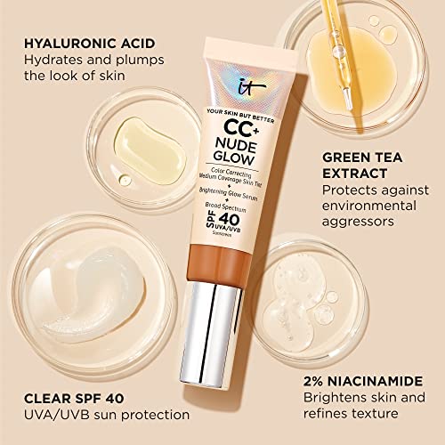 IT Cosmetics CC+ Nude Glow Lightweight Foundation + Glow Serum with SPF 40 - With Niacinamide, Hyaluronic Acid & Green Tea Extract - Medium - 1.08 fl oz