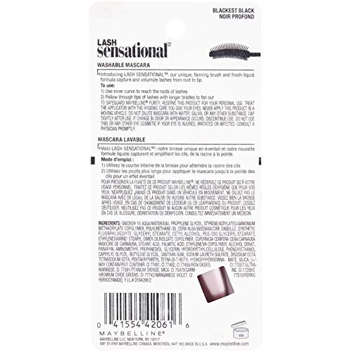 Maybelline Lash Sensational Washable Mascara, Lengthening and Volumizing for a Full Fan Effect, Blackest Black, 1 Count