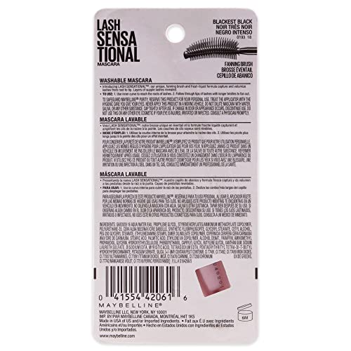 Maybelline Lash Sensational Washable Mascara, Lengthening and Volumizing for a Full Fan Effect, Blackest Black, 1 Count