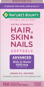 nature’s bounty hair, skin & nails rapid release softgels, argan-infused vitamin supplement with biotin and hyaluronic acid, supports hair, skin, and nail health for women, 150 count