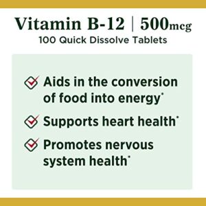 Nature's Bounty Vitamin B12, Supports Energy Metabolism and Nervous System Health, 500mcg, Tablets, 100 Ct