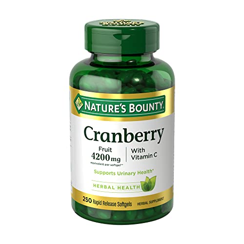 Nature’s Bounty Cranberry 4200mg With Vitamin C, Urinary Health & Immune Support, Cranberry Concentrate, 250 Rapid Release Softgels