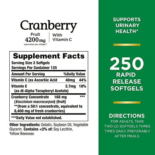 Nature’s Bounty Cranberry 4200mg With Vitamin C, Urinary Health & Immune Support, Cranberry Concentrate, 250 Rapid Release Softgels