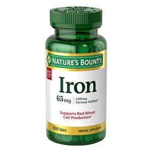 nature’s bounty iron 65mg, 325 mg ferrous sulfate, cellular energy support, promotes normal red blood cell production, 100 tablets