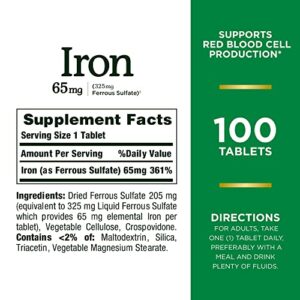 Nature’s Bounty Iron 65mg, 325 mg Ferrous Sulfate, Cellular Energy Support, Promotes Normal Red Blood Cell Production, 100 Tablets