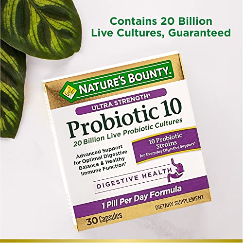 Nature’s Bounty Probiotic 10, Ultra Strength Daily Probiotic Supplement, Support for Digestive, Immune and Upper Respiratory Health, 1 Pack, 30 Capsules