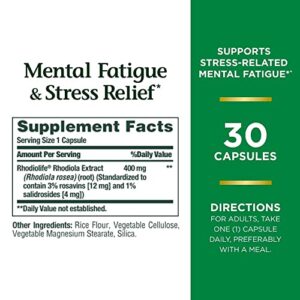 Nature's Bounty Mental Fatigue and Stress Relief, Rhodiola Supplement, 400 mg, Capsules, 30 Ct