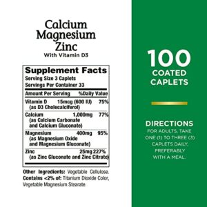 Nature's Bounty Calcium Magnesium & Zinc Caplets, Immune & Supporting Bone Health, 100 Count