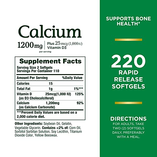 Nature’s Bounty Calcium 1200 mg With Vitamin D3, Bone Health & Immune Support, 1000 IU, 220 Softgels