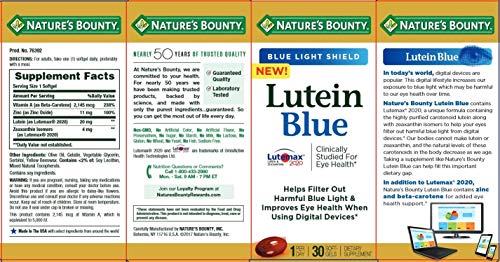 Nature's Bounty Lutein Blue Pills, Eye Health Supplements and Vitamins with Vitamin A and Zinc, Supports Vision Health