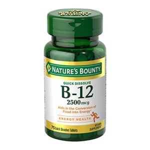 nature’s bounty vitamin b12 2500 mcg, cellular energy support, for energy metabolism, heart & nervous system health, 75 quick dissolve tablets