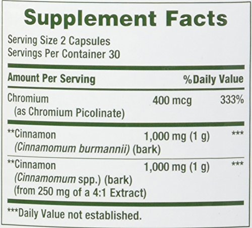 Nature's Bounty Cinnamon Pills and Chromium Herbal Health Supplement, Promotes Sugar Metabolism and Heart Health, 2000g, 60 Capsules