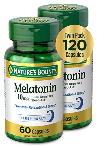 Melatonin by Nature's Bounty, 100% Drug Free Sleep Aid, Dietary Supplement, Promotes Relaxation and Sleep Health, 10mg, 60 Count(Pack of 2)