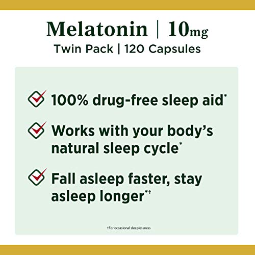 Melatonin by Nature's Bounty, 100% Drug Free Sleep Aid, Dietary Supplement, Promotes Relaxation and Sleep Health, 10mg, 60 Count(Pack of 2)