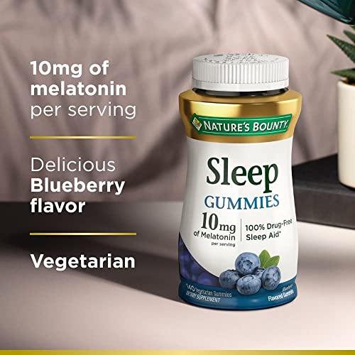 Nature’s Bounty 10 mg Melatonin Gummy, 100% Drug Free Sleep Supplement, 10 mg, Blueberry, 140 Ct