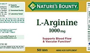 Nature's Bounty L-Arginine, Supports Blood Flow and Vascular Function, 1000 mg, Tablets, 50 Ct