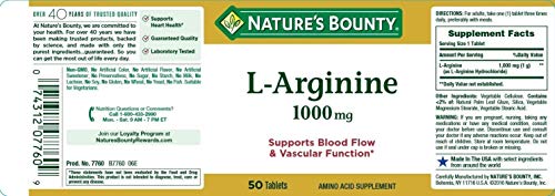 Nature's Bounty L-Arginine, Supports Blood Flow and Vascular Function, 1000 mg, Tablets, 50 Ct