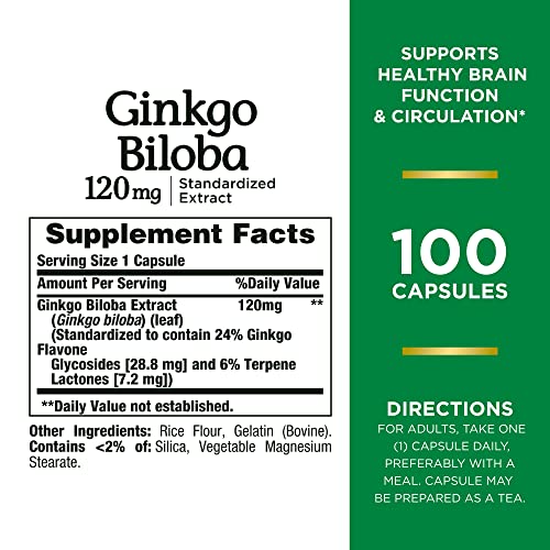 Nature’s Bounty Ginkgo Biloba Capsules 120mg, Memory Support Supplement, Supports Brain Function and Mental Alertness, 100 Capsules