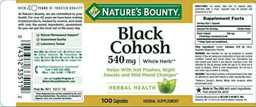 Nature's Bounty Black Cohosh Root Pills and Herbal Health Supplement, Natural Menopausal Support, 540 mg, 100 Capsules, Gelatin. Contains <2% of: Silica,Vegetable Magnesium Stearate.