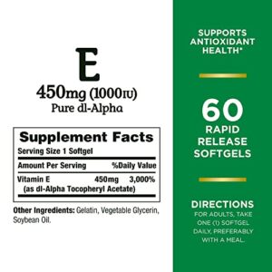 Nature’s Bounty Vitamin E 1000 IU Softgels, Supports Antioxidant Health & Immune System, 1 Pack, 60 Softgels