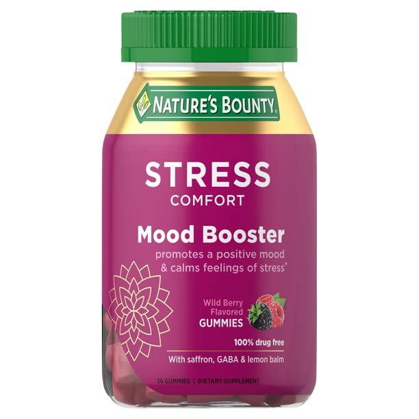 Nature's Bounty Stress Comfort Gummies, Mood Booster, Dietary Supplement with Saffron, GABA, and Lemon Balm, Calms Feelings of Occasional Stress, Wild Berry Flavor, 36 Gummies