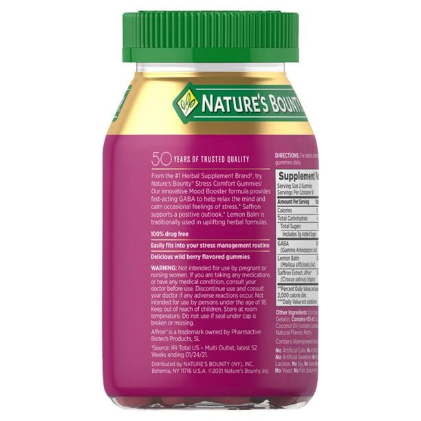 Nature's Bounty Stress Comfort Gummies, Mood Booster, Dietary Supplement with Saffron, GABA, and Lemon Balm, Calms Feelings of Occasional Stress, Wild Berry Flavor, 36 Gummies