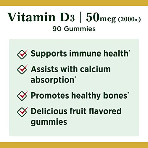 Vitamin D3 Gummies by Nature's Bounty, Vitamin Supplement, Supports Immune Health, 50mcg, 2000IU, Mixed Fruit Flavor, 90 Gummies