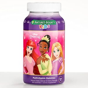 nature’s bounty disney princess kids gummy multivitamin, natural grape, orange & cherry flavored, no gluten, dairy, or peanuts, 180 gummies