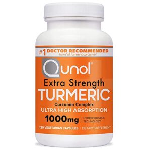 turmeric curcumin capsules, qunol turmeric 1000mg with ultra high absorption, joint support supplement, extra strength tumeric, vegetarian capsules, 2 month supply, 120 count (pack of 1)