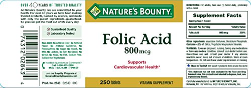 Nature's Bounty Folic Acid Supplement, Supports Cardiovascular Health, 800mcg, Tablet 250 Count(Pack of 3)