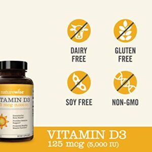 NatureWise Vitamin D3 5000iu (125 mcg) 1 Year Supply for Healthy Muscle Function, and Immune Support, Non-GMO, Gluten Free in Cold-Pressed Olive Oil, Packaging Vary ( Mini Softgel), 360 Count