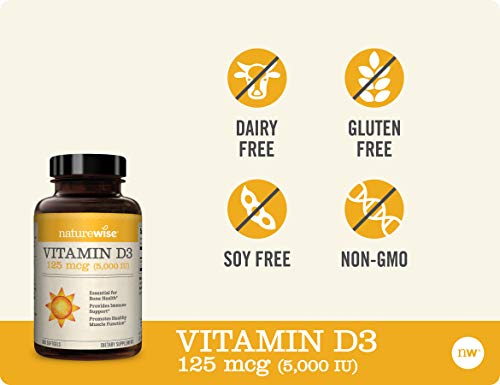 NatureWise Vitamin D3 5000iu (125 mcg) 1 Year Supply for Healthy Muscle Function, and Immune Support, Non-GMO, Gluten Free in Cold-Pressed Olive Oil, Packaging Vary ( Mini Softgel), 360 Count