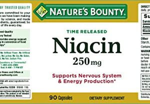 Nature's Bounty Niacin Pills and Supplement, Supports Nervous System and Cellular Energy Production, 250mg, 90 Capsules