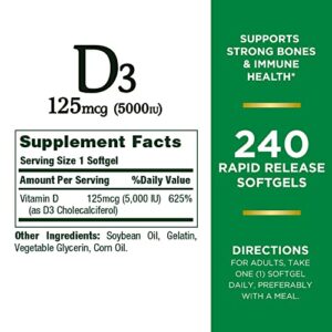 Nature’s Bounty Vitamin D3, Immune Support, 125 mcg (5000iu), Rapid Release Softgels, 240 Ct