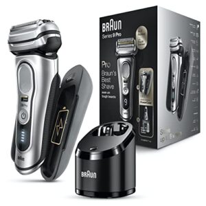 braun electric razor for men, waterproof foil shaver, series 9 pro 9477cc, wet & dry shave, with portable charging case, prolift beard trimmer, 5-in-1 cleaning & charging smartcare center, silver