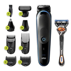 braun hair clippers for men 9-in-1 beard, ear and nose trimmer, mens grooming kit, body groomer, cordless & rechargeable with gillette proglide razor, black/blue