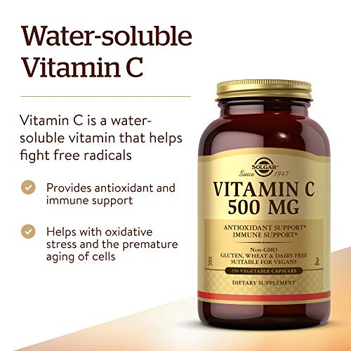 Solgar Vitamin C 500 mg, 250 Vegetable Capsules - Antioxidant & Immune Support - Overall Health - Supports Healthy Skin & Joints - Non-GMO, Vegan, Gluten Free, Kosher - 250 Servings