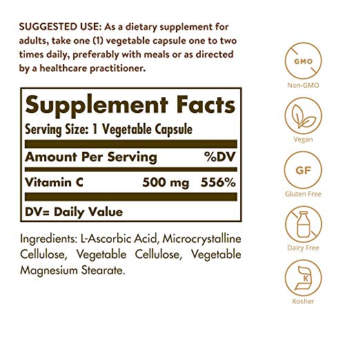 Solgar Vitamin C 500 mg, 250 Vegetable Capsules - Antioxidant & Immune Support - Overall Health - Supports Healthy Skin & Joints - Non-GMO, Vegan, Gluten Free, Kosher - 250 Servings