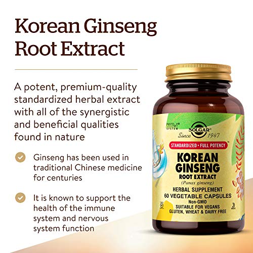 Solgar Korean Ginseng Root Extract, 60 Vegetable Capsules - Immune Support - Standardized, Full Potency (SFP) - Non-GMO, Vegan, Gluten Free, Dairy Free, Kosher - 60 Servings