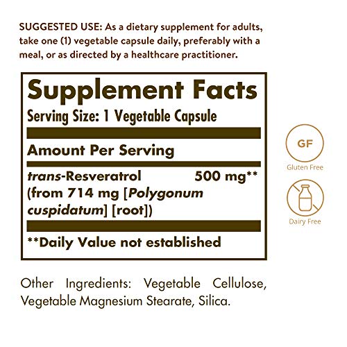 Solgar Resveratrol 500 mg, 30 Vegetable Capsules - Antioxidant Protection - Gluten Free, Dairy Free - 30 Servings