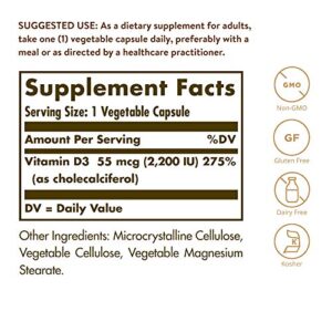 Solgar Vitamin D3 (Cholecalciferol) 55 mcg (2200 IU) Vegetable Capsules - 100 Count