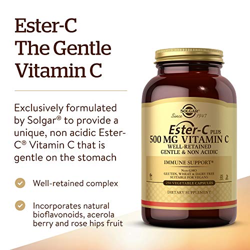 Solgar Ester-C Plus 500 mg Vitamin C (Ascorbate Complex), 250 Vegetable Capsules - Gentle & Non Acidic - Antioxidant & Immune Support - Non GMO, Vegan, Gluten Free, Kosher - 250 Servings